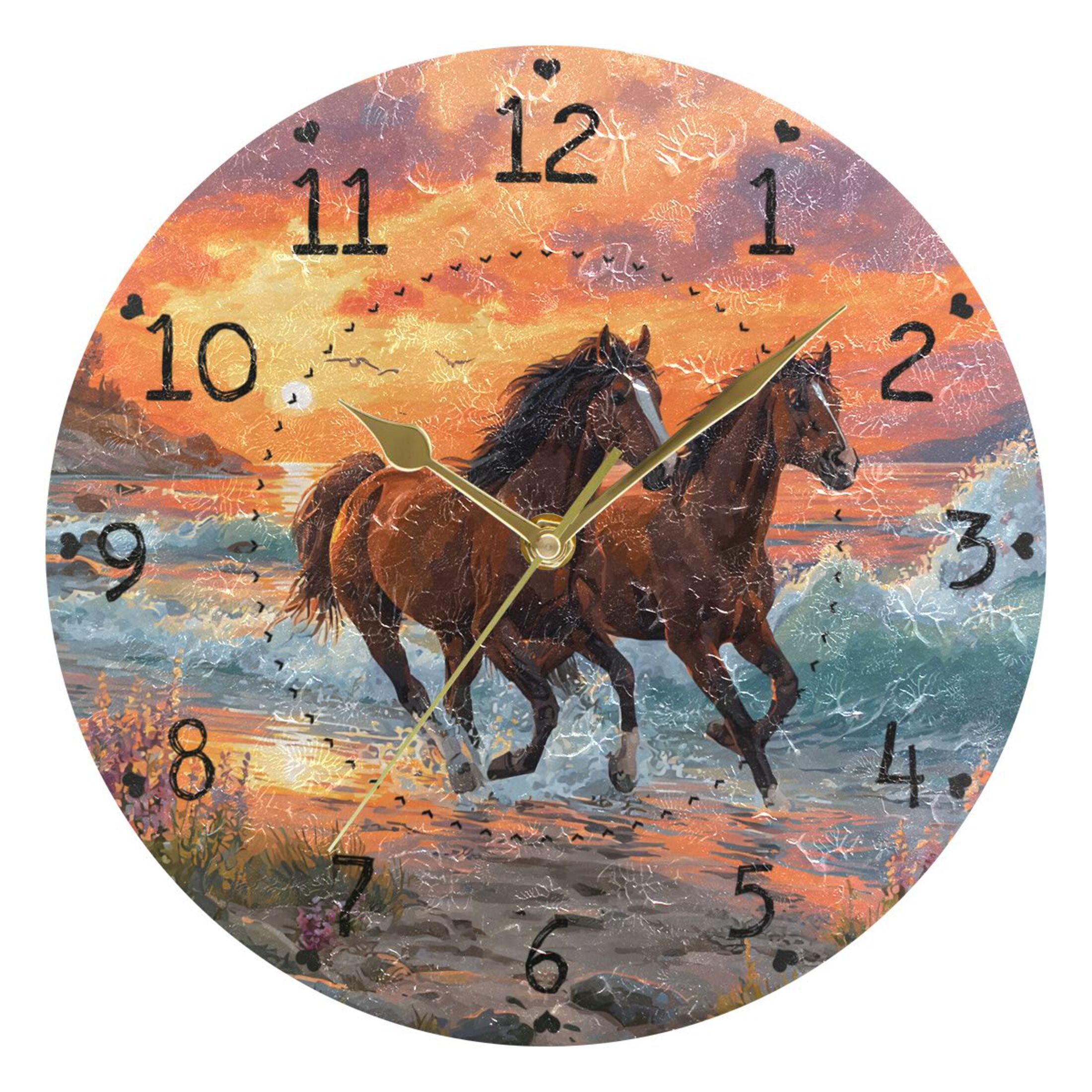 Seaside Horse Running Sunset Round Wall Clock Silent Analog Battery ...