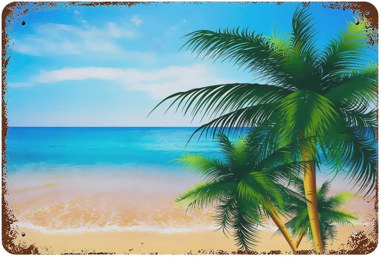 Seaside Landscape Aluminum Sign Hawaii Blue Ocean Palm Tree Sea Wave ...