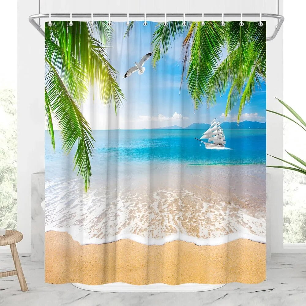 Seaside Landscape Outdoor Shower Curtain Ocean Beach Tropical Plants ...