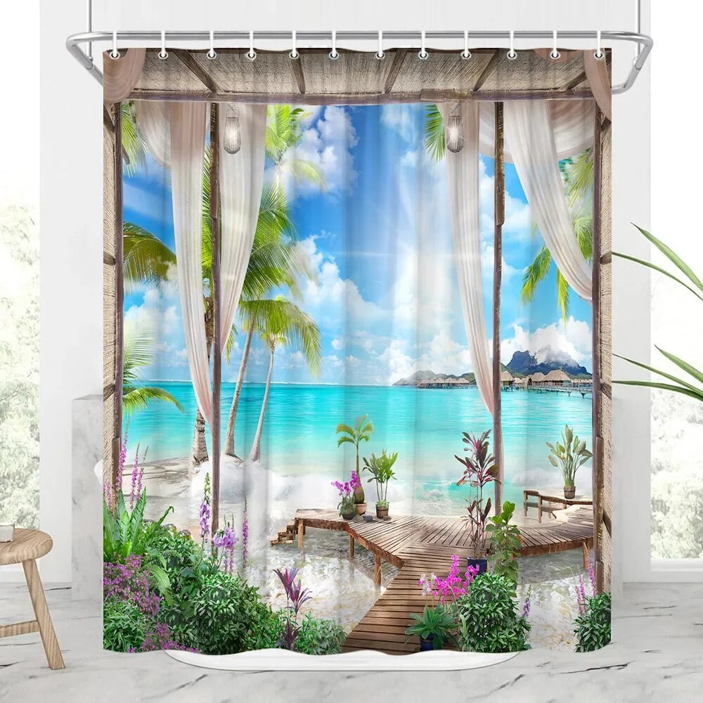 Seaside Landscape Outdoor Shower Curtain Ocean Beach Tropical Plants ...