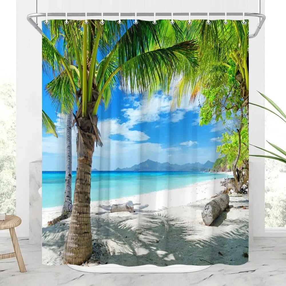 Seaside Landscape Outdoor Shower Curtain Ocean Beach Tropical Plants ...