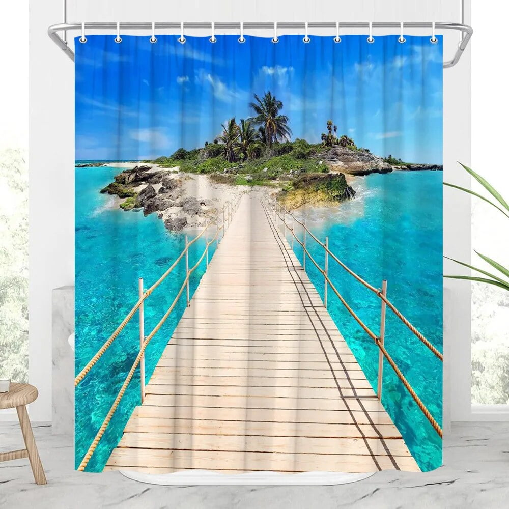 Seaside Landscape Outdoor Shower Curtain Ocean Beach Tropical Plants ...