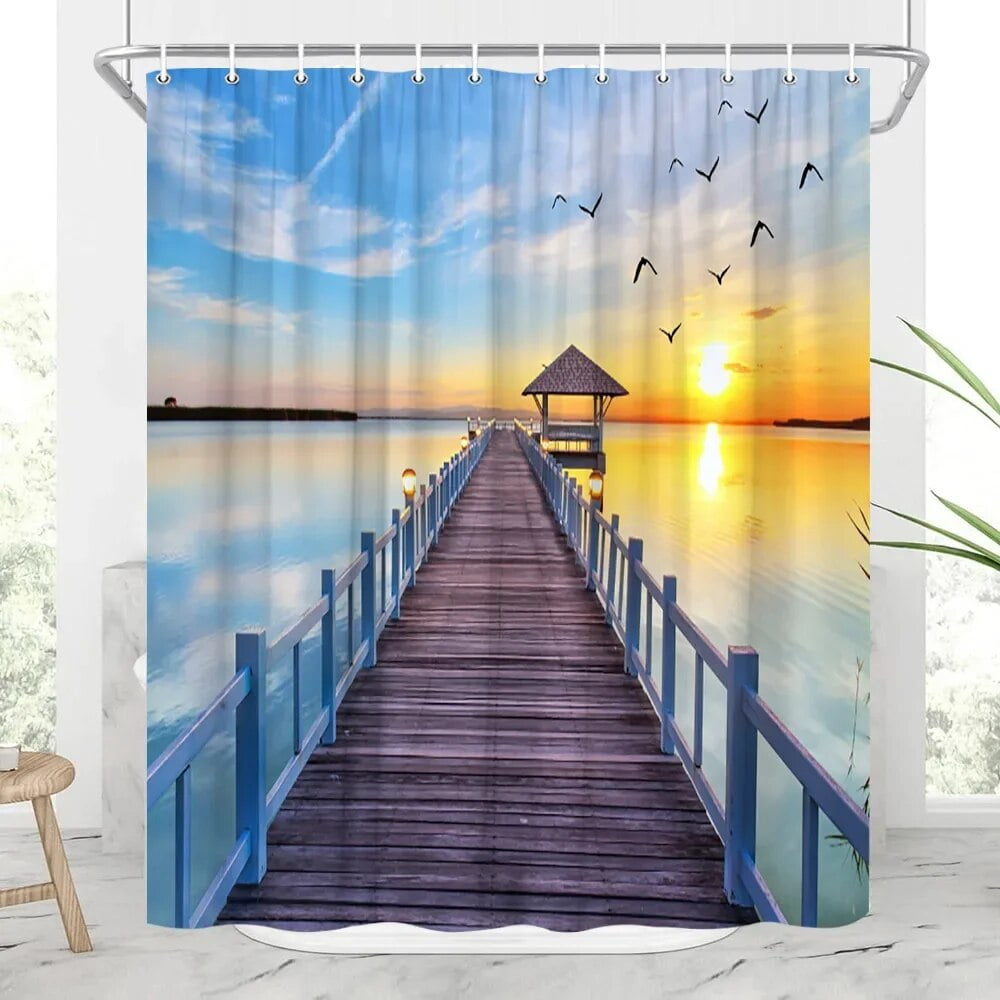 Seaside Landscape Outdoor Shower Curtain Ocean Beach Tropical Plants ...