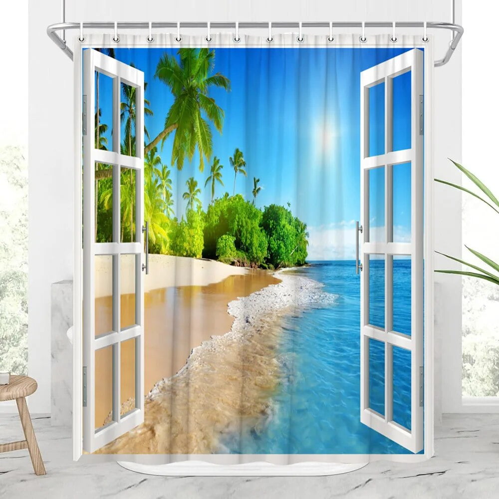 Seaside Landscape Outdoor Shower Curtain Ocean Beach Tropical Plants