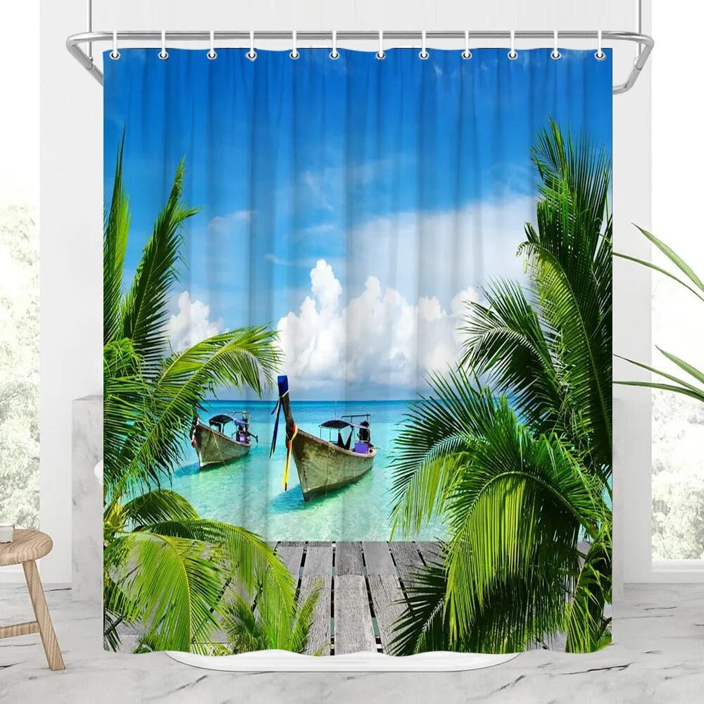Seaside Landscape Outdoor Shower Curtain Ocean Beach Tropical Plants ...