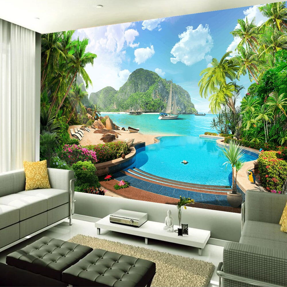 Seaside Landscape Outdoor Tapestry Ocean Beach Tropical Plants ...