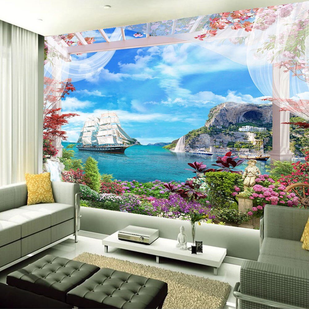 Seaside Landscape Outdoor Tapestry Ocean Beach Tropical Plants ...