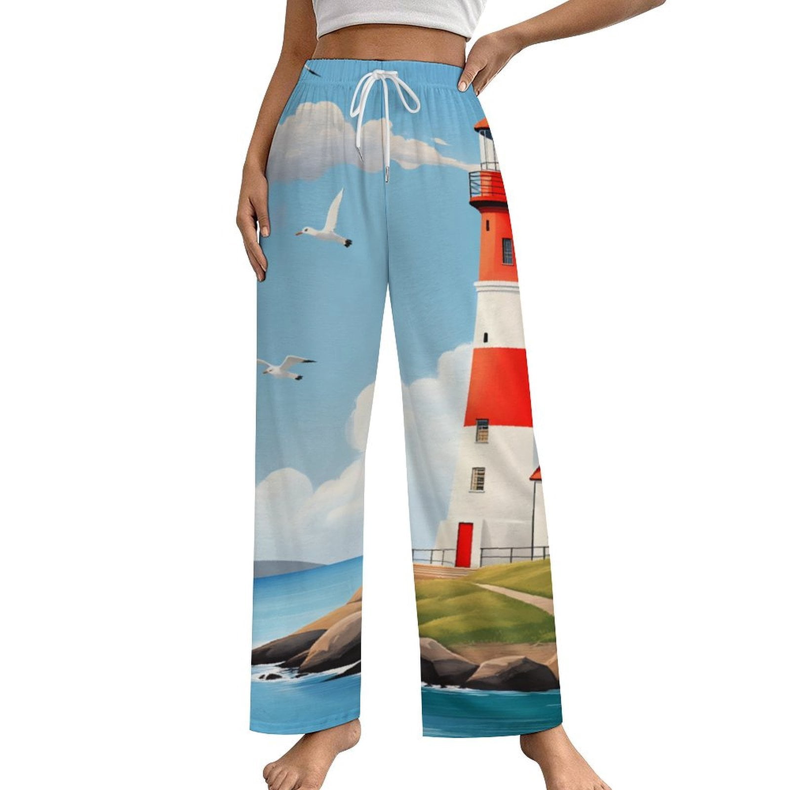 Seaside Lighthouse And Sailboat-2 Pajamas For Women Loose Retro Night ...
