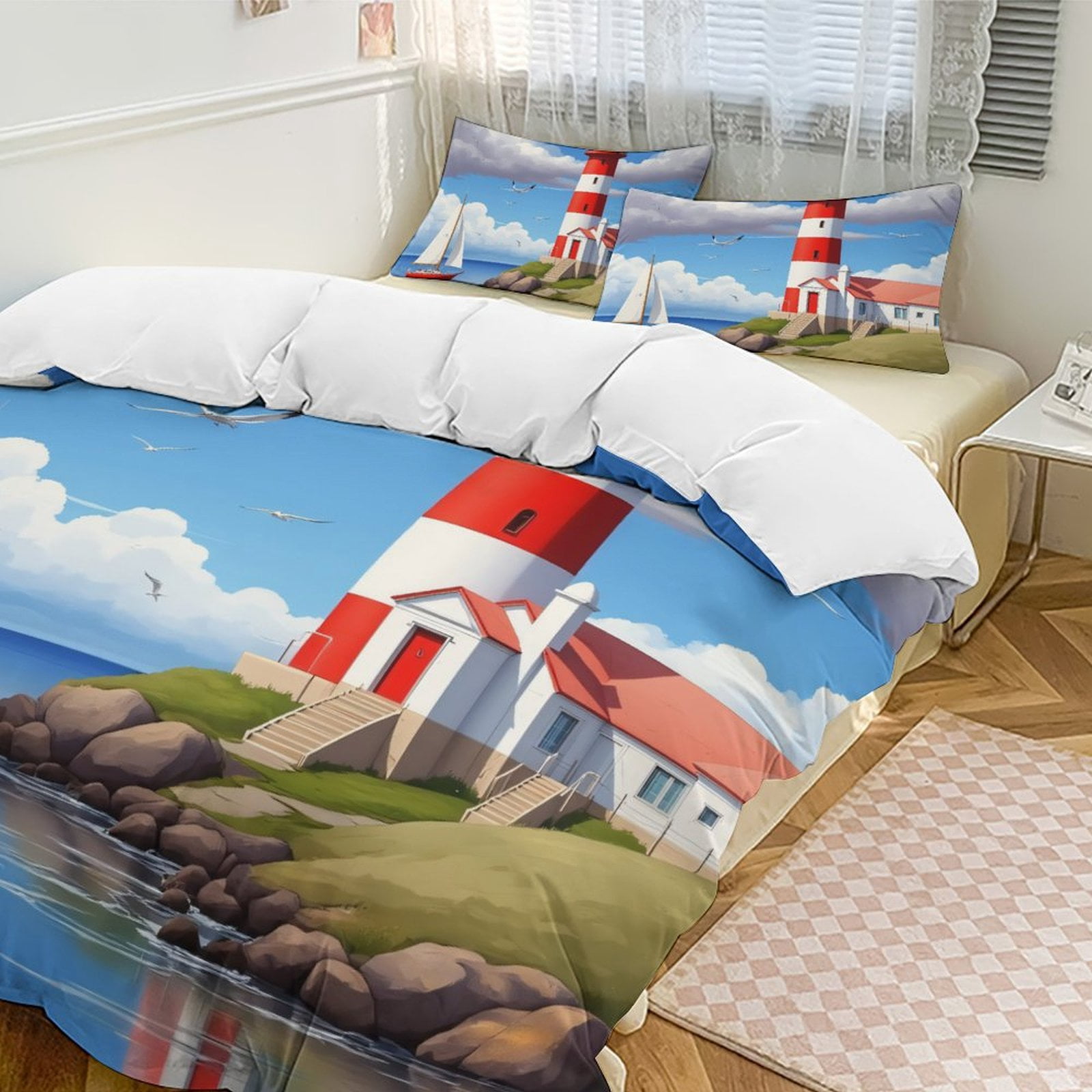 Seaside Lighthouse And Sailboat 3D Duvet Cover Set Quilt Cover Theme of ...