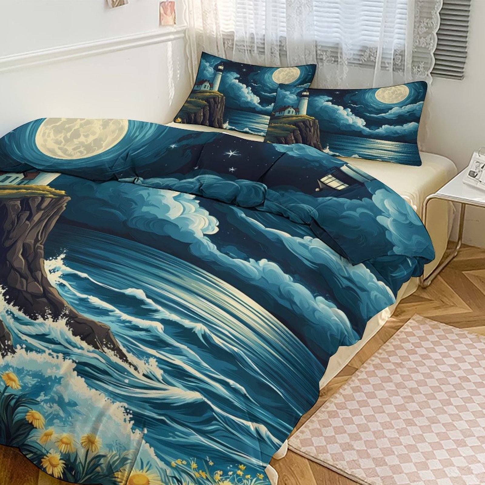 Seaside Lighthouse Daisies Duvet Cover King&Queen Size Soft 3 Pieces ...