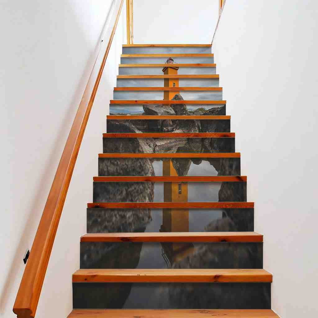 Seaside Lighthouse Stair Stickers Ocean Landscape Staircase Decals l ...
