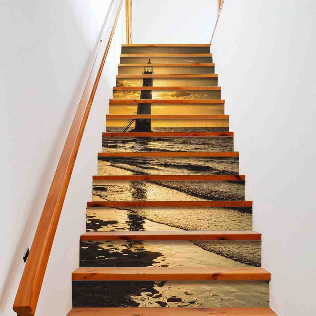 Seaside Lighthouse Stair Stickers Ocean Landscape Staircase Decals l ...