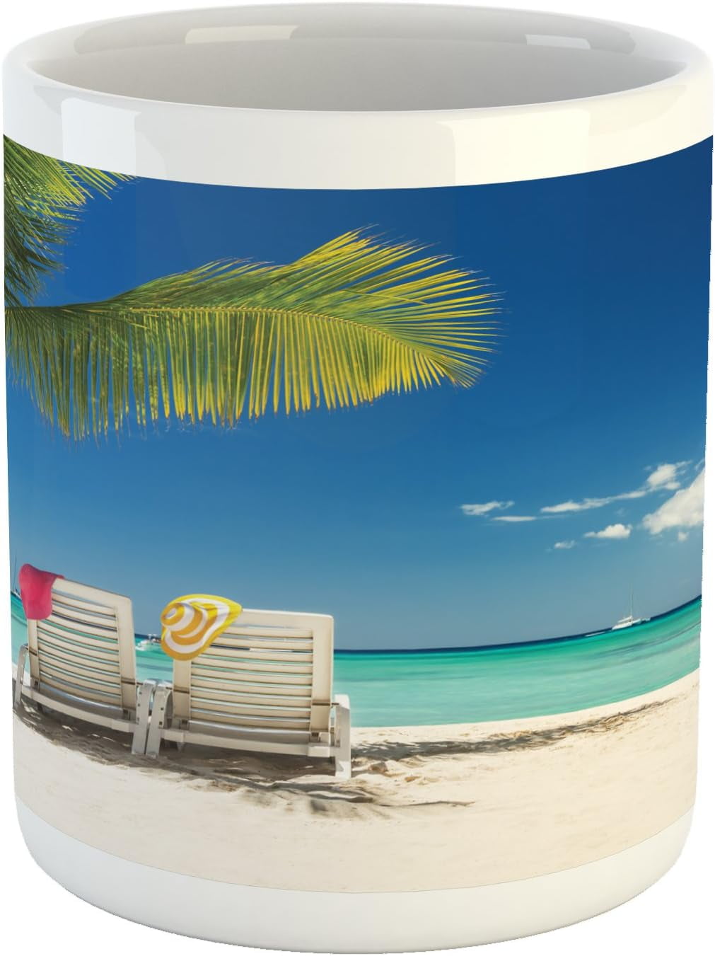 Seaside Mug, Relaxing Scene on Remote Beach with Palm Tree Chairs and ...