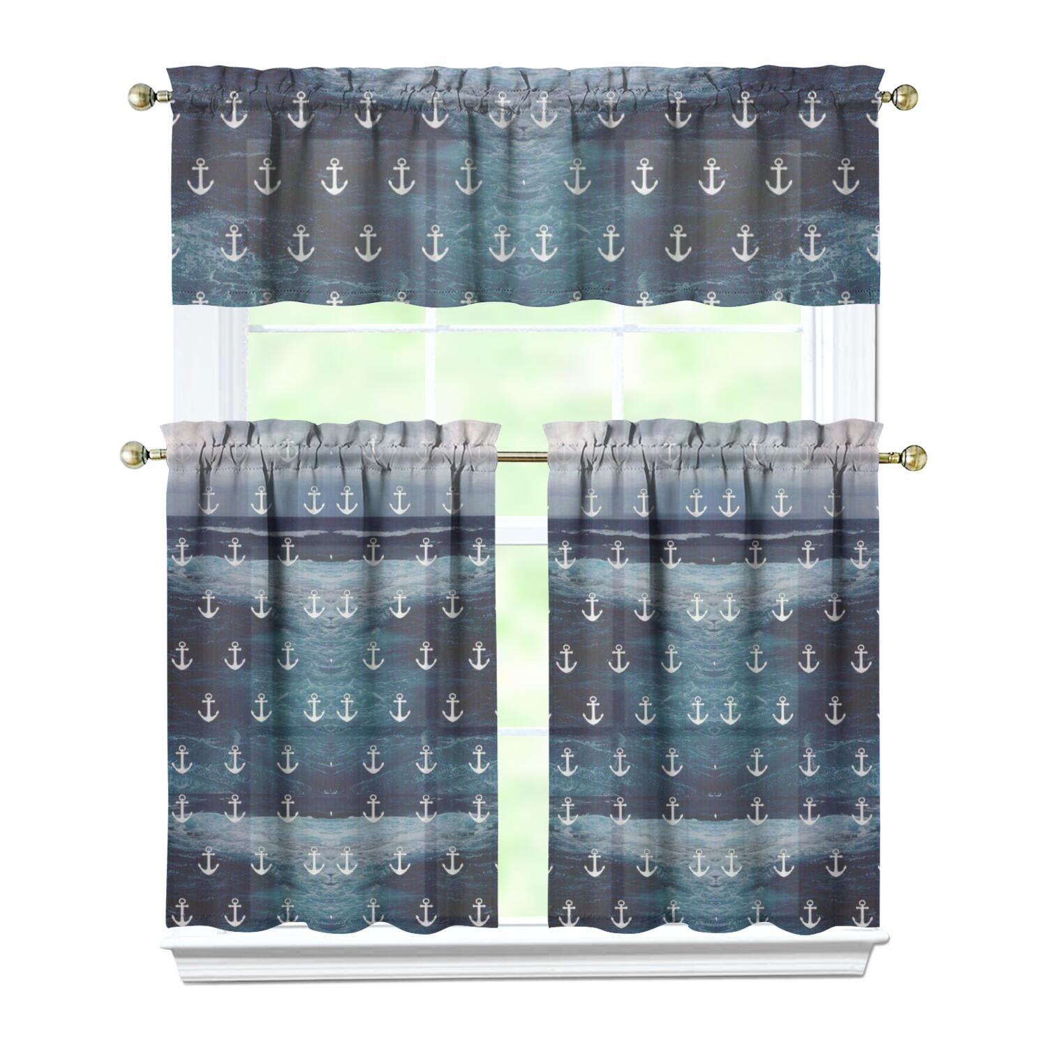 Seaside Nautical Curtains Set Anchor Marine Beach Ocean Boat Compass ...