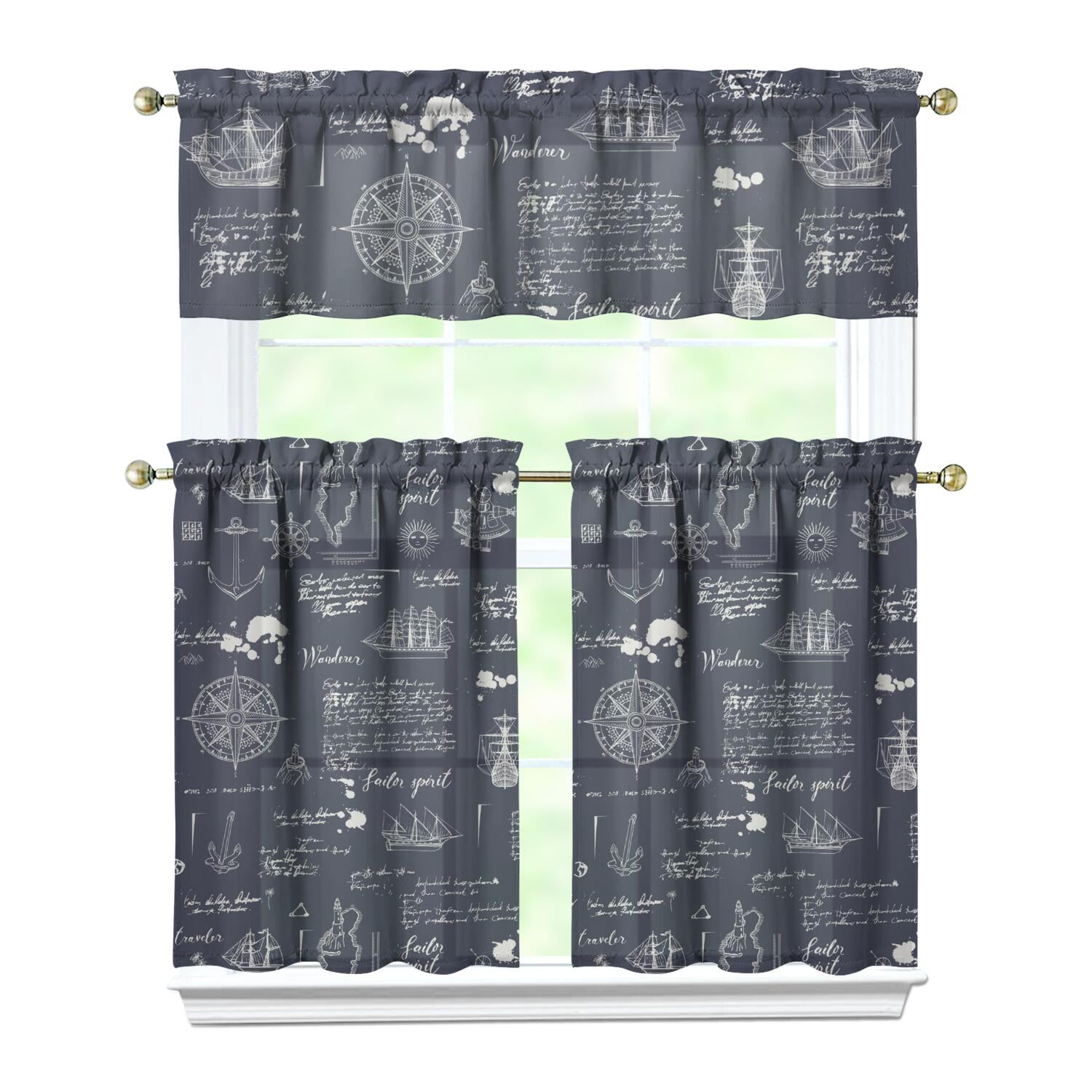 Seaside Nautical Curtains Set Anchor Marine Beach Ocean Boat Compass ...