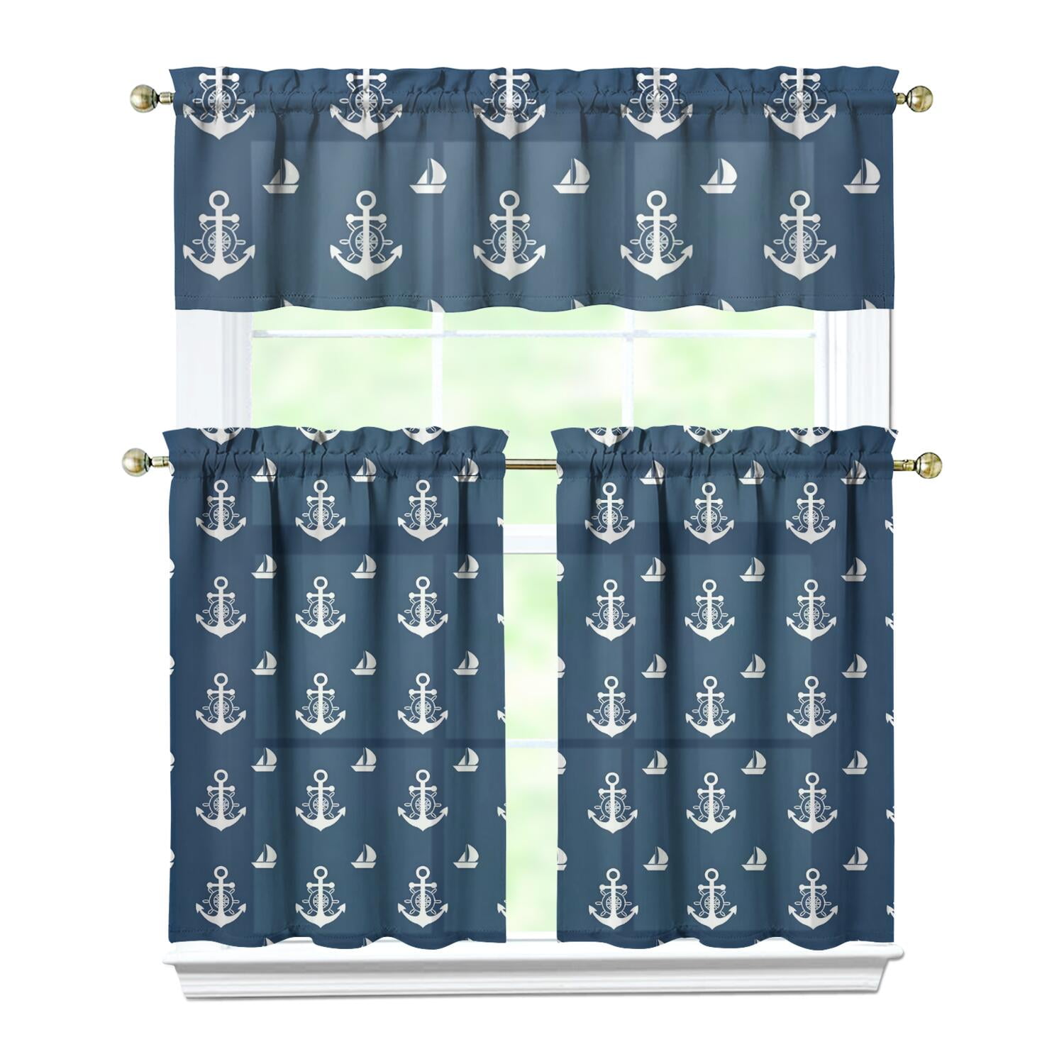 Seaside Nautical Curtains Set Anchor Marine Beach Ocean Boat Compass ...