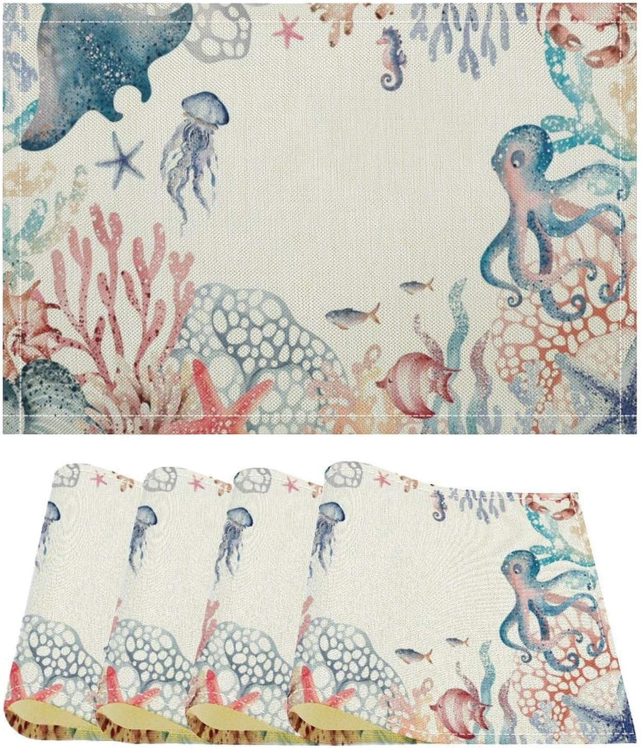 Seaside Ocean Placemats Set of 4,Beautiful Watercolor Art Sea Creatures ...