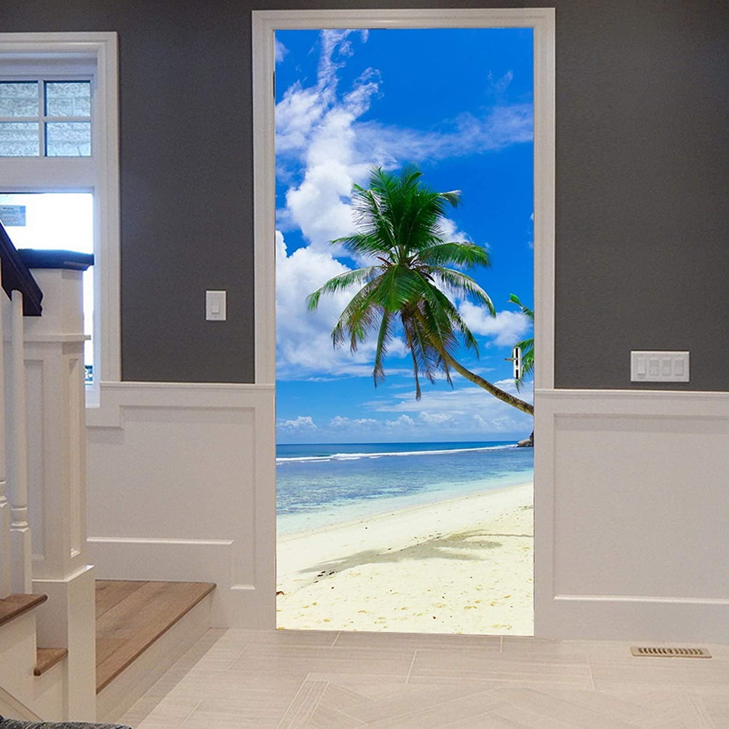 Seaside Palm Tree Door Stickers Hawaii Ocean Scenery Door Mural Sticker ...