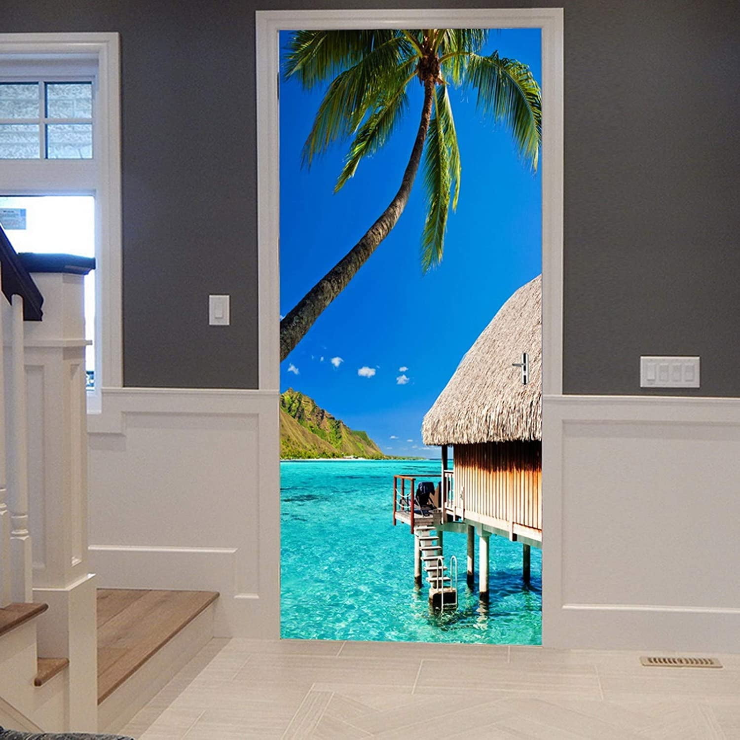Seaside Palm Tree Door Stickers Hawaii Ocean Scenery Door Mural Sticker ...