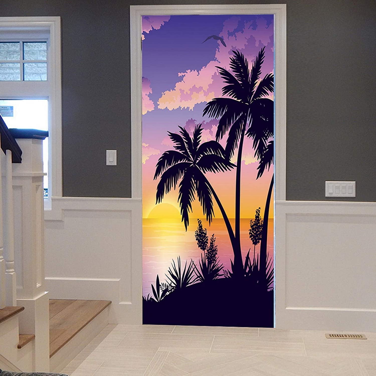 Seaside Palm Tree Door Stickers Hawaii Ocean Scenery Door Mural Sticker ...