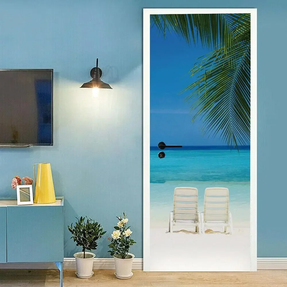 Seaside Palm Tree Door Stickers Hawaii Ocean Scenery Mural Sticker ...