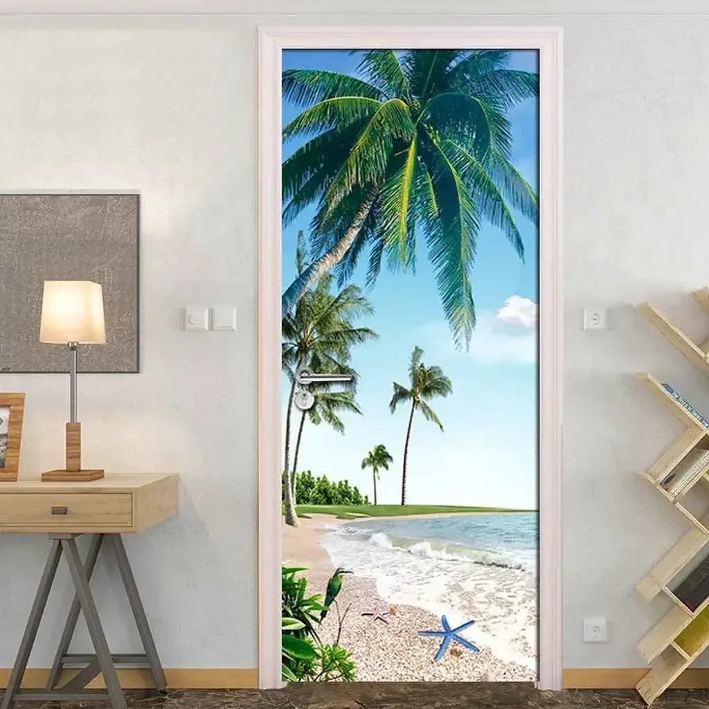 Seaside Palm Tree Door Stickers Hawaii Ocean Scenery Mural Sticker ...