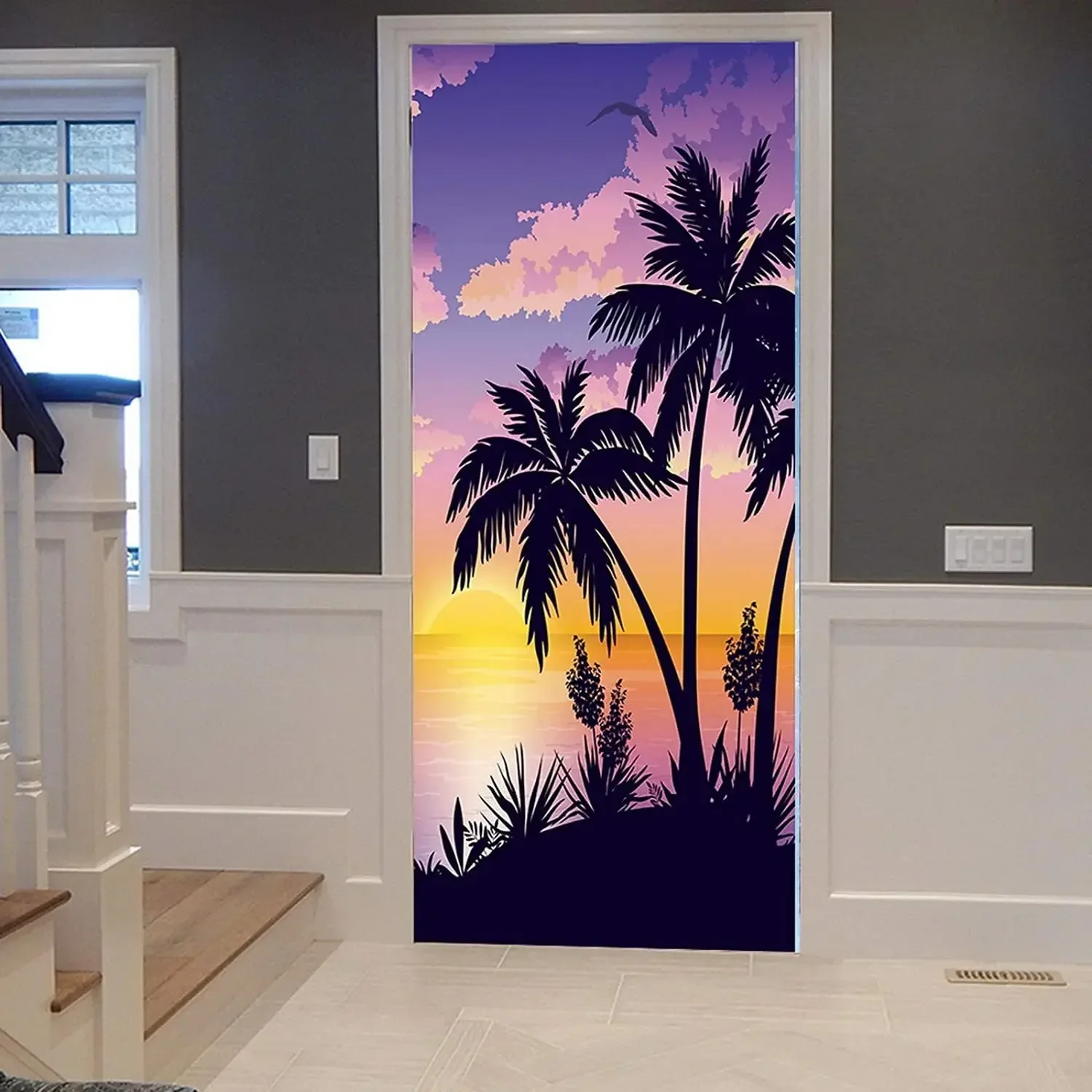 Seaside Palm Tree Door Stickers Hawaii Ocean Scenery Mural Sticker ...
