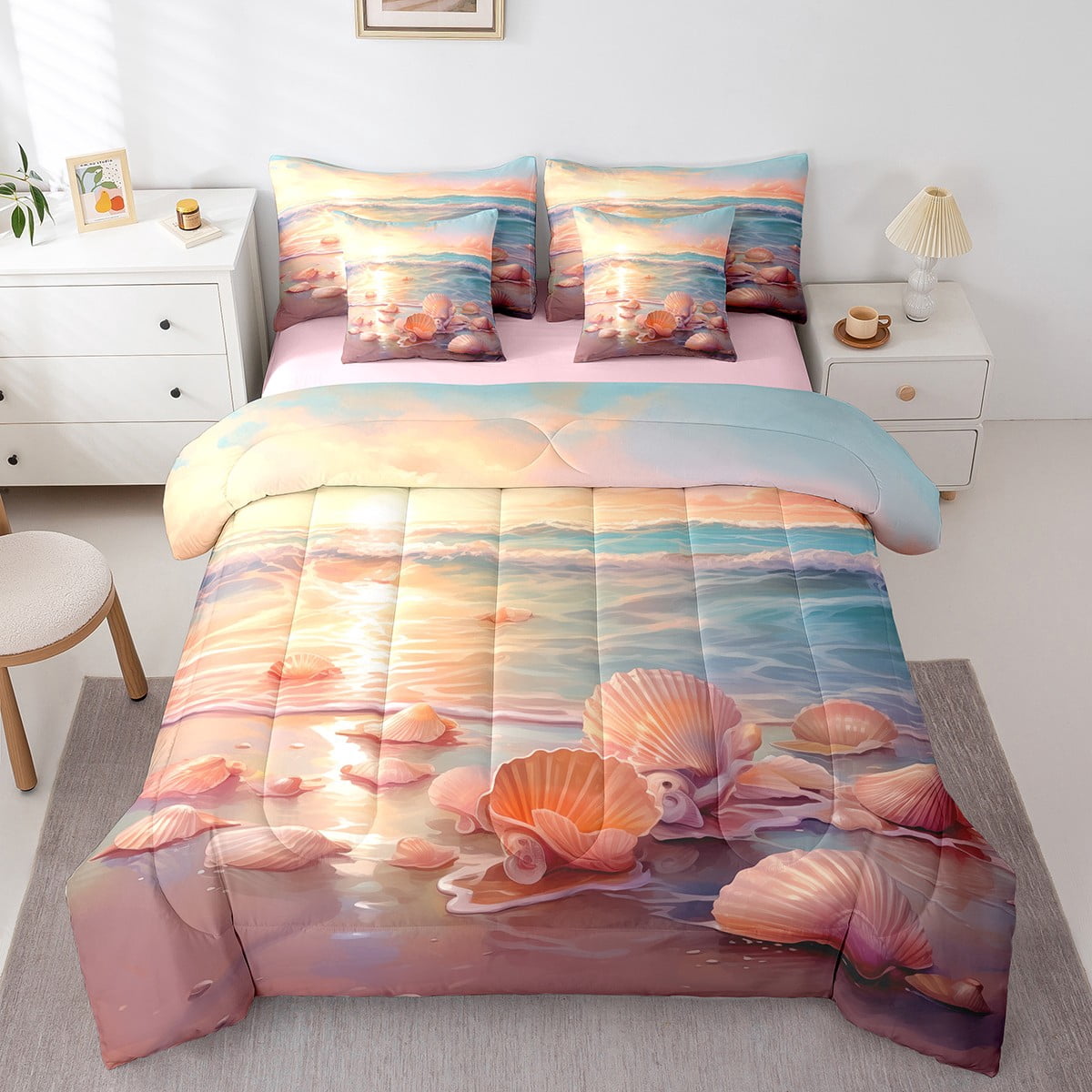 Seaside Queen Bedding Sets,Shell Ocean Waves Soft Comforter Set,Sea ...