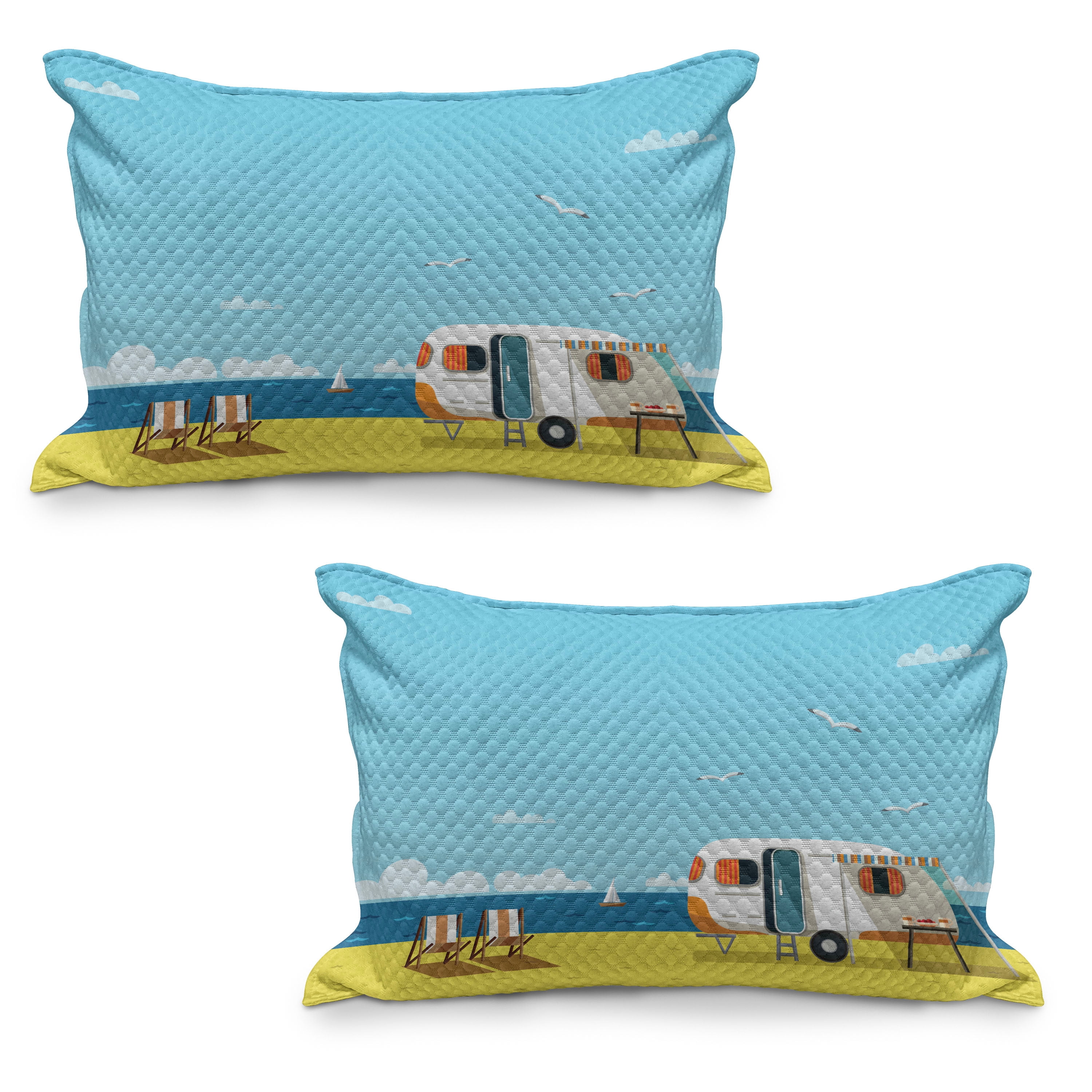 Seaside Quilted Pillowcover Set of 2, Illustration of Summertime Caravan Coastline Clouds ...