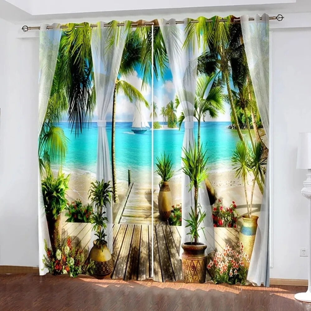 Seaside Resort Beach Scenery Tropical Plants 2 Pieces Thin Window ...