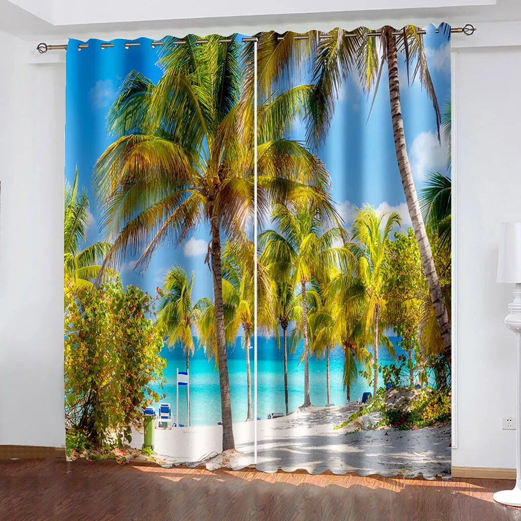 Seaside Resort Beach Scenery Tropical Plants 2 Pieces Thin Window ...