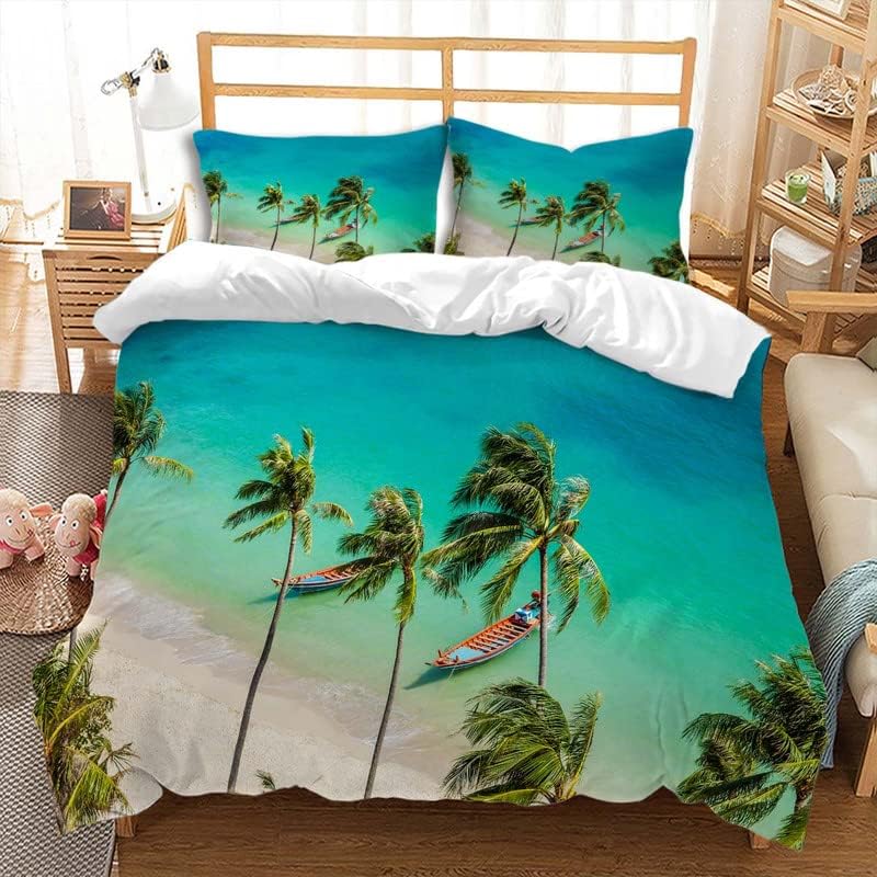 Seaside Scenery Duvet Cover Sets 3PCS，Blue Clam Ocean Wooden Boat ...