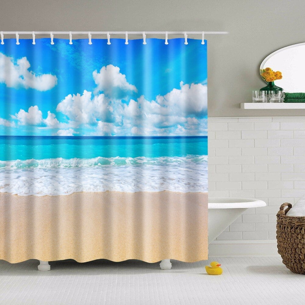Seaside Scenic Beach Shells Shower Curtains StarConch Blue Board Palm ...
