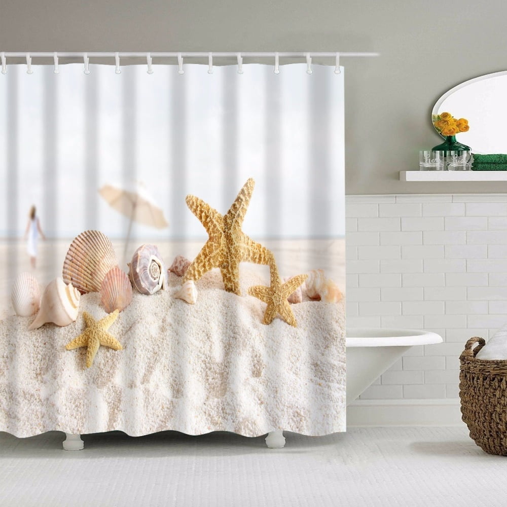 Seaside Scenic Beach Shells Shower Curtains StarConch Blue Board Palm ...