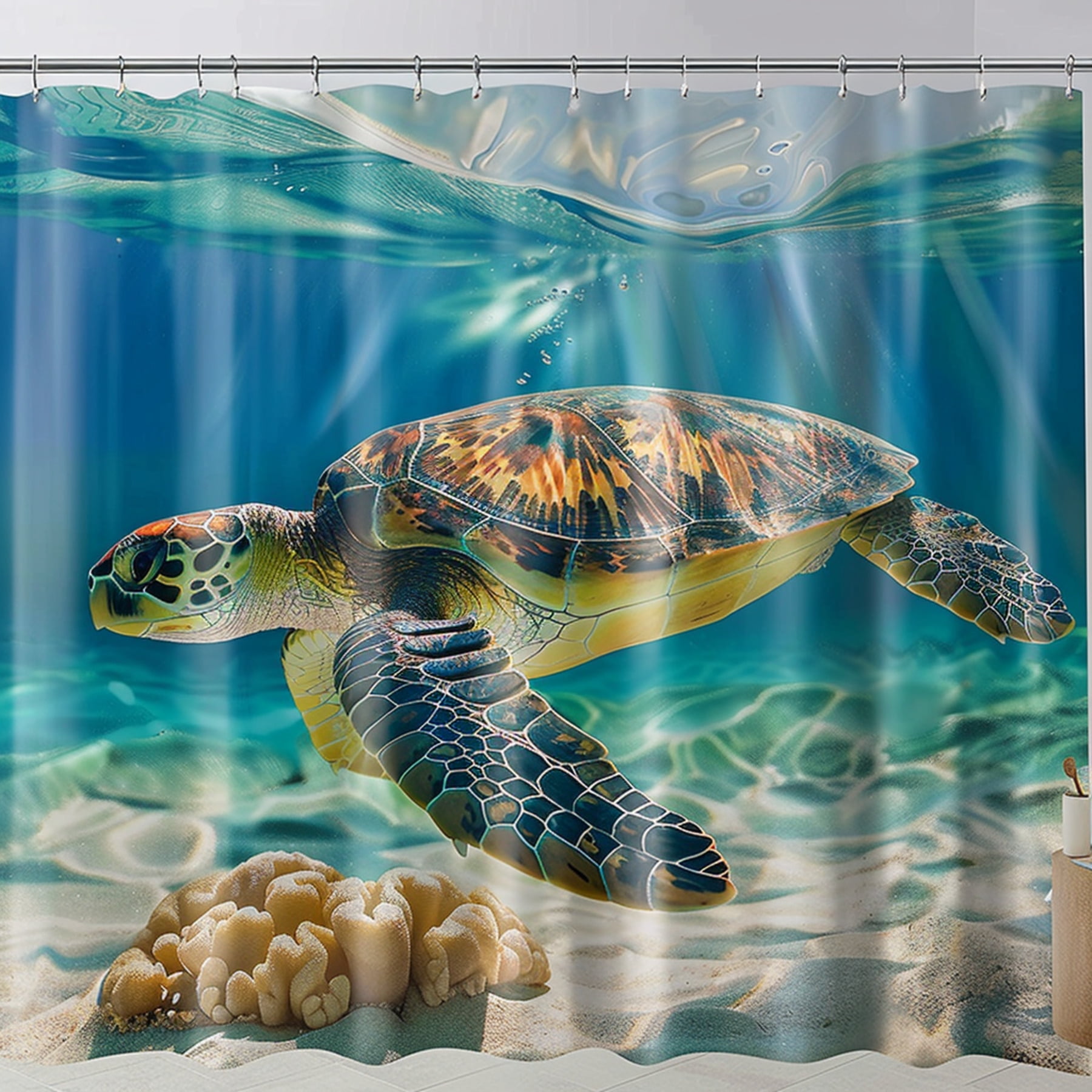 Seaside Serenity: Hyper Realistic Turtle Ocean View Shower Curtain High ...