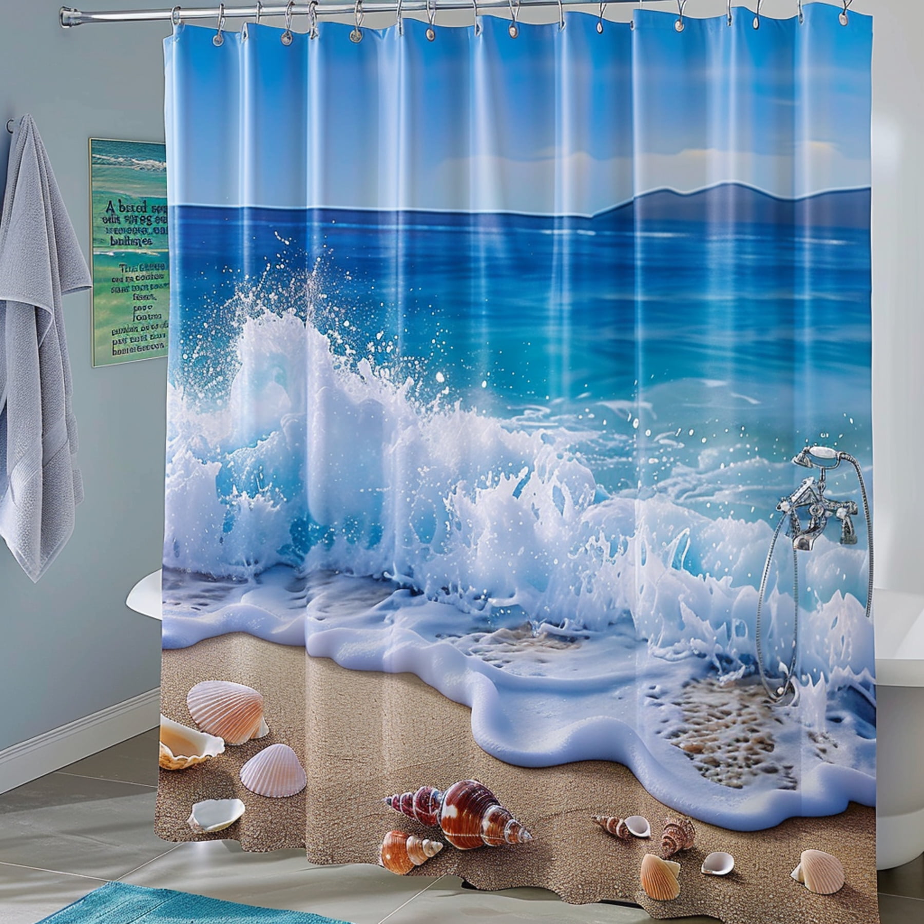 Seaside Serenity: Ocean Waves Fabric Shower Curtain Coastal Beach ...