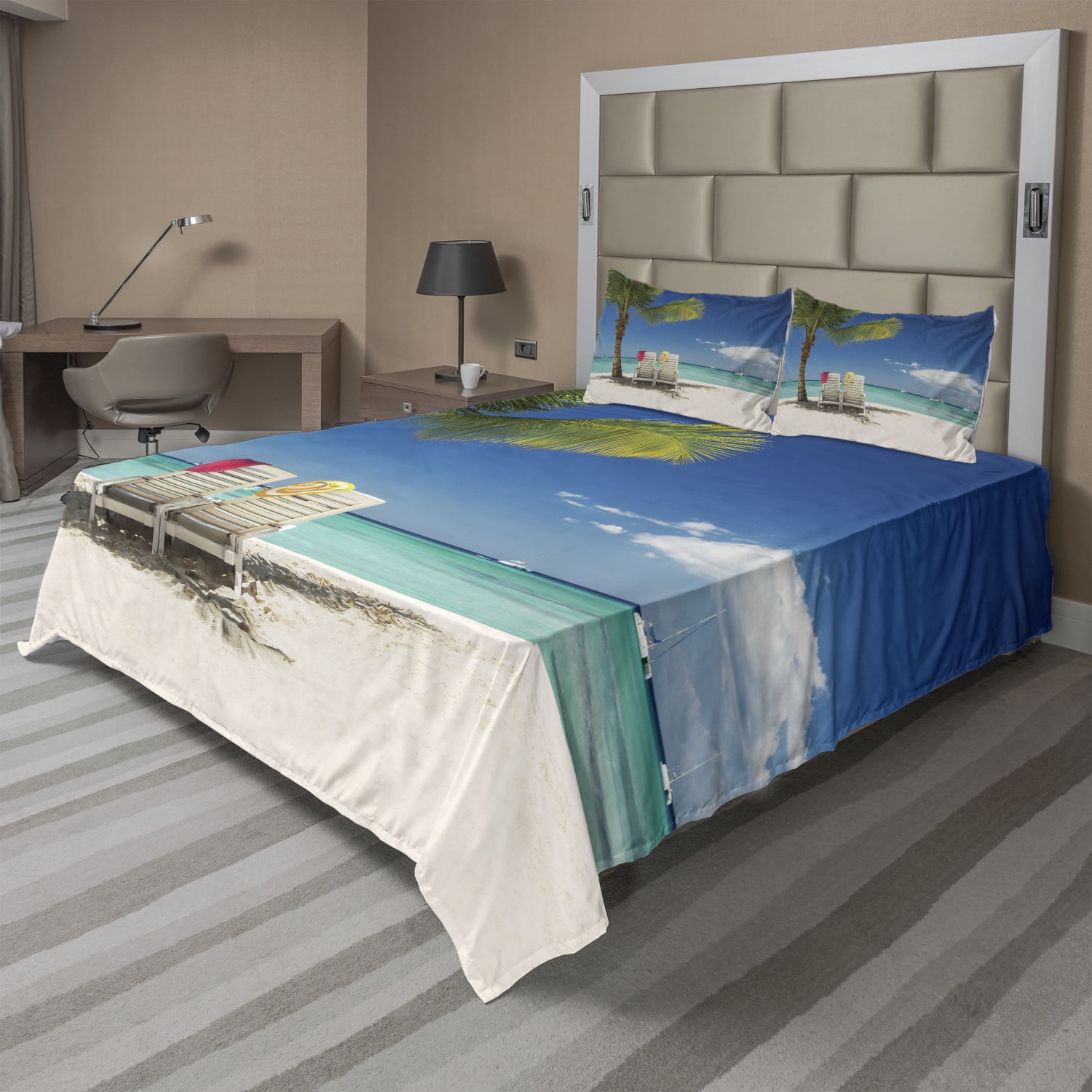 Seaside Sheet Set, Relaxing Scene on Vacation Beach Palm Tree Chairs ...