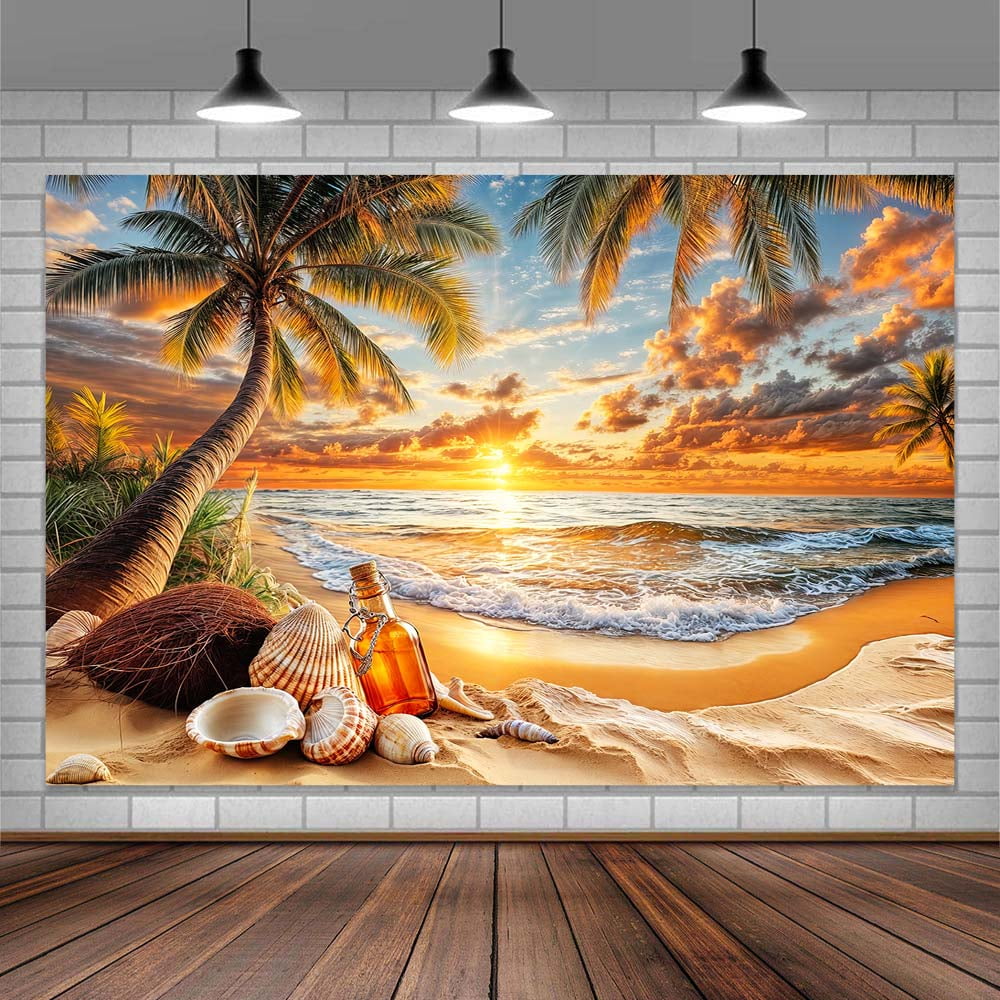 Seaside Sunset Backdrop, Summer Beach Tropical Palm Trees Hawaiian ...