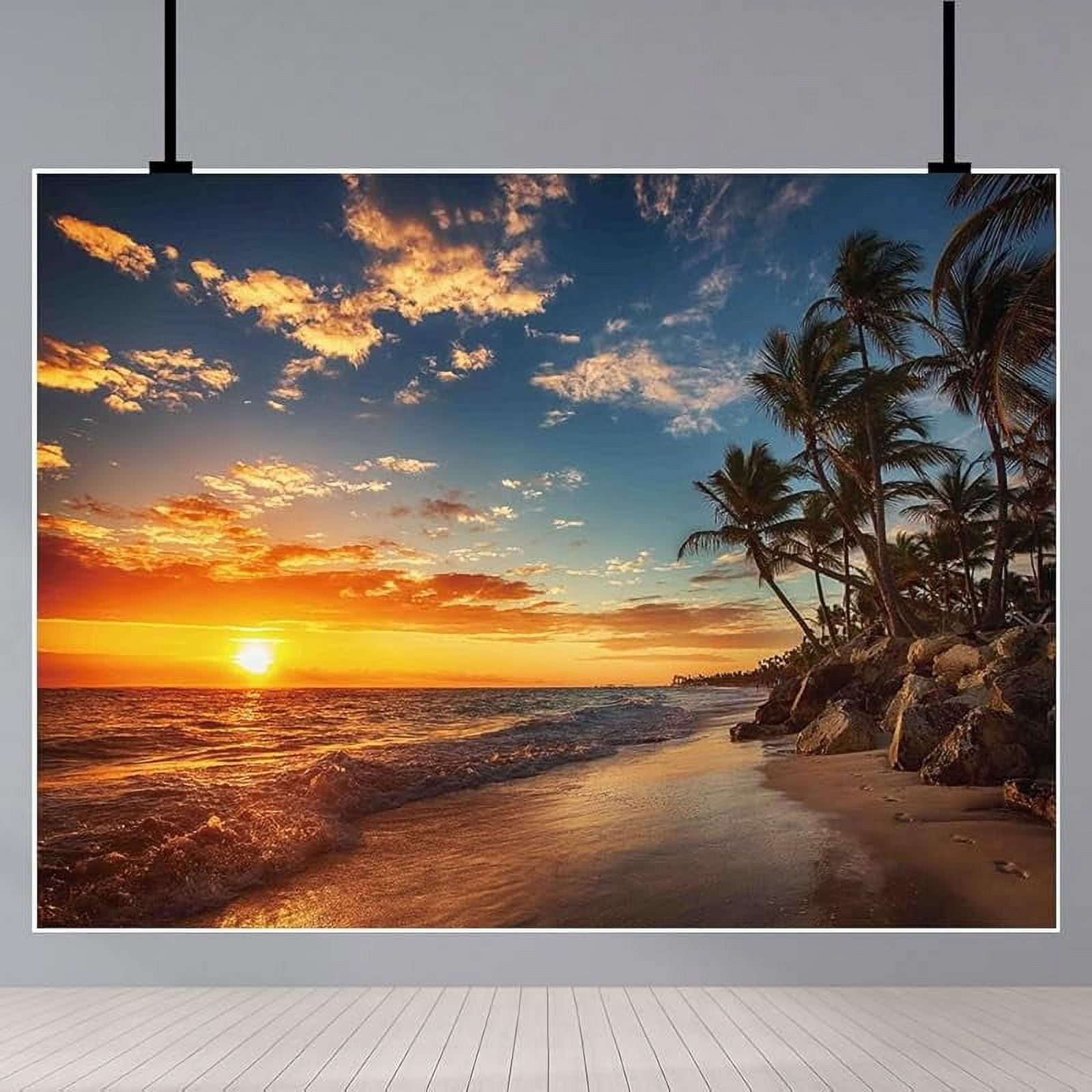 Seaside Sunset Backdrops Seaside Palm Tree Photography Background ...