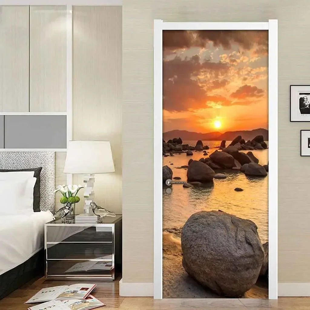 Seaside Sunset Door Sticker Ocean Scenery Decal Removable Natural Sea ...