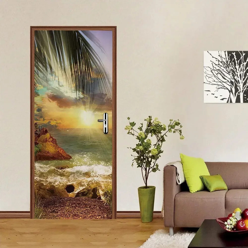Seaside Sunset Door Sticker Ocean Scenery Decal Removable Natural Sea ...