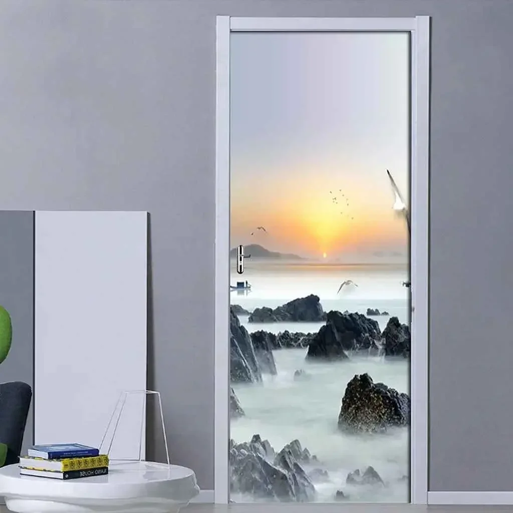 Seaside Sunset Door Sticker Ocean Scenery Decal Removable Natural Sea ...