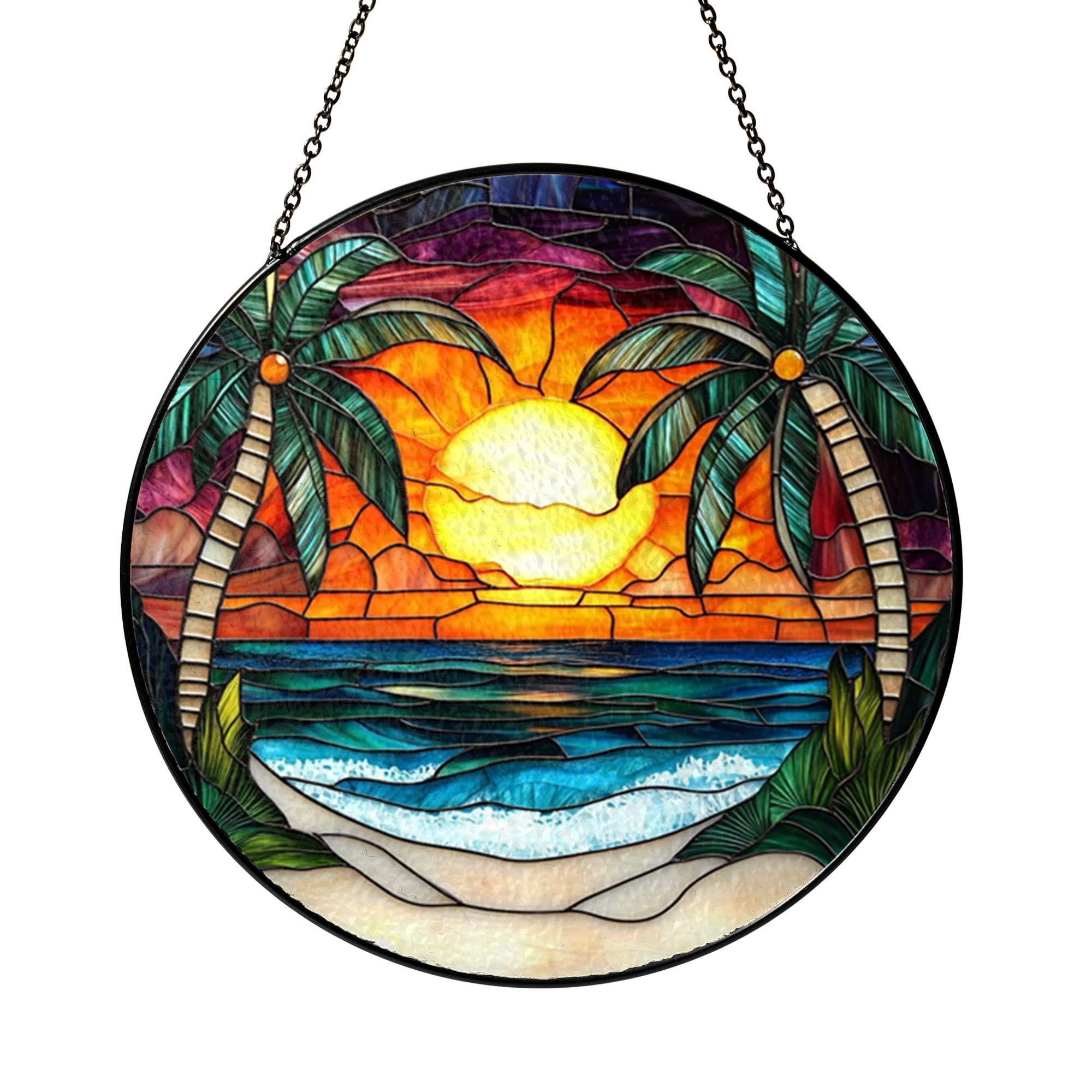Seaside Sunset Window Art – Beach Scene in Stained Glass Style ...