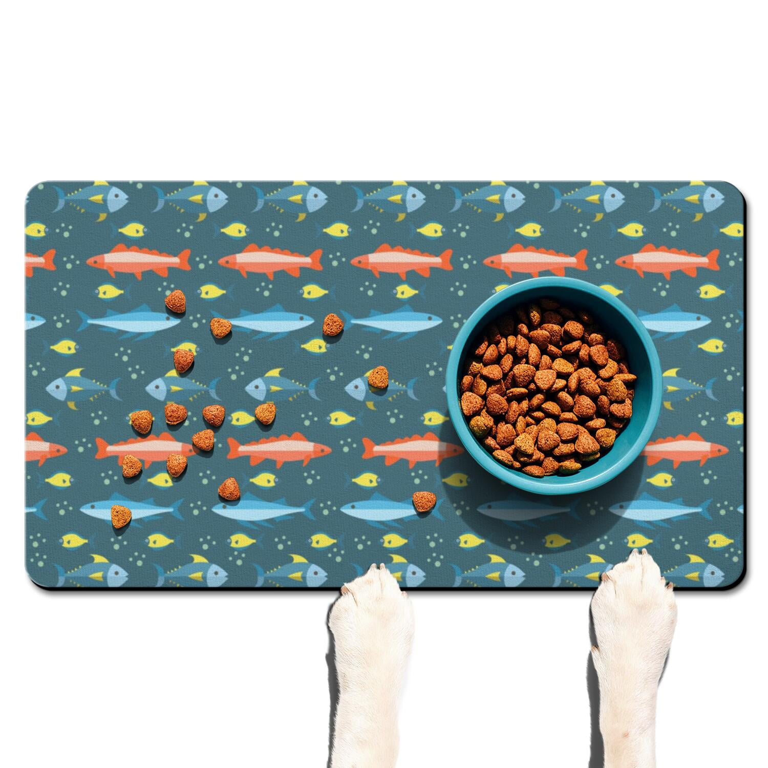 Seaside-Themed Absorbent Dog Bowl Mat - Fish & Mermaid Fantasy Design ...