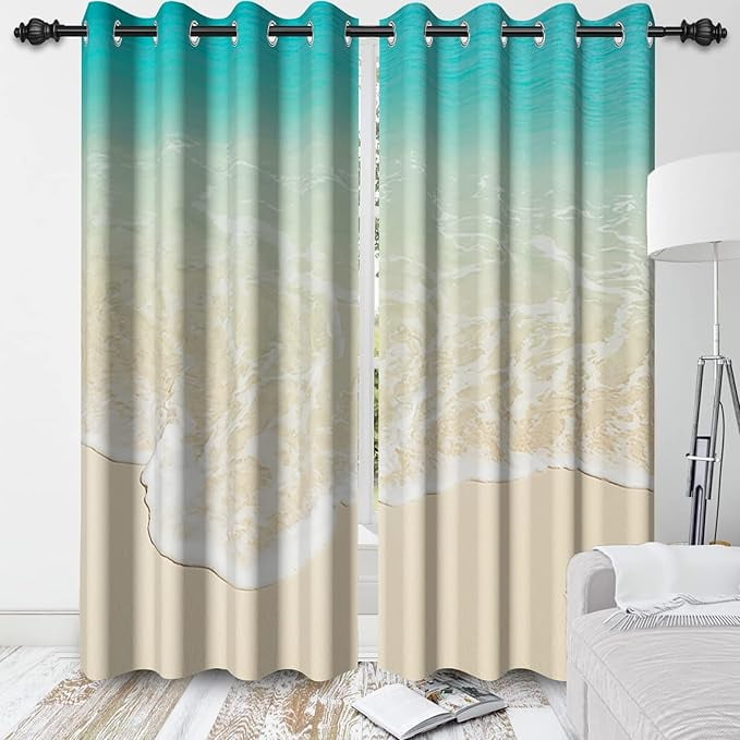 Seaside-Themed Blackout Window Curtains Summer Beach Wave Pattern Print ...