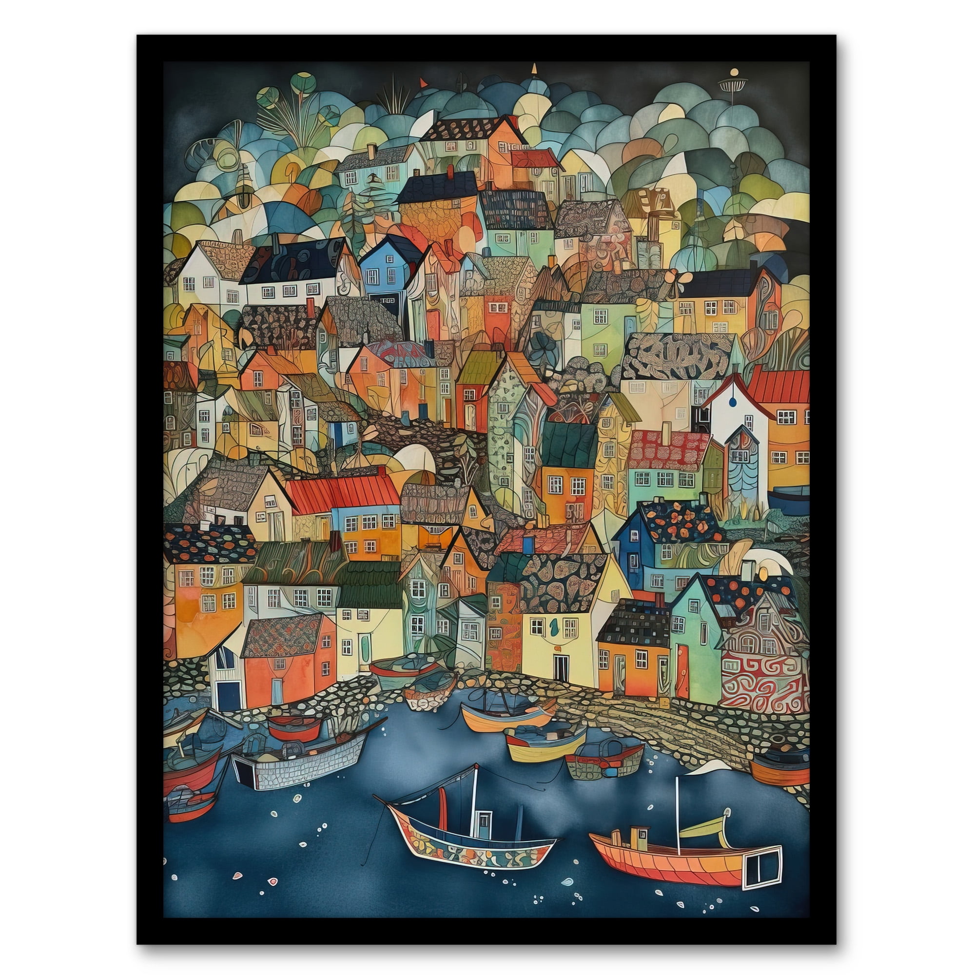 Seaside Town Port Folk Art Watercolour Painting Colourful Coastal ...