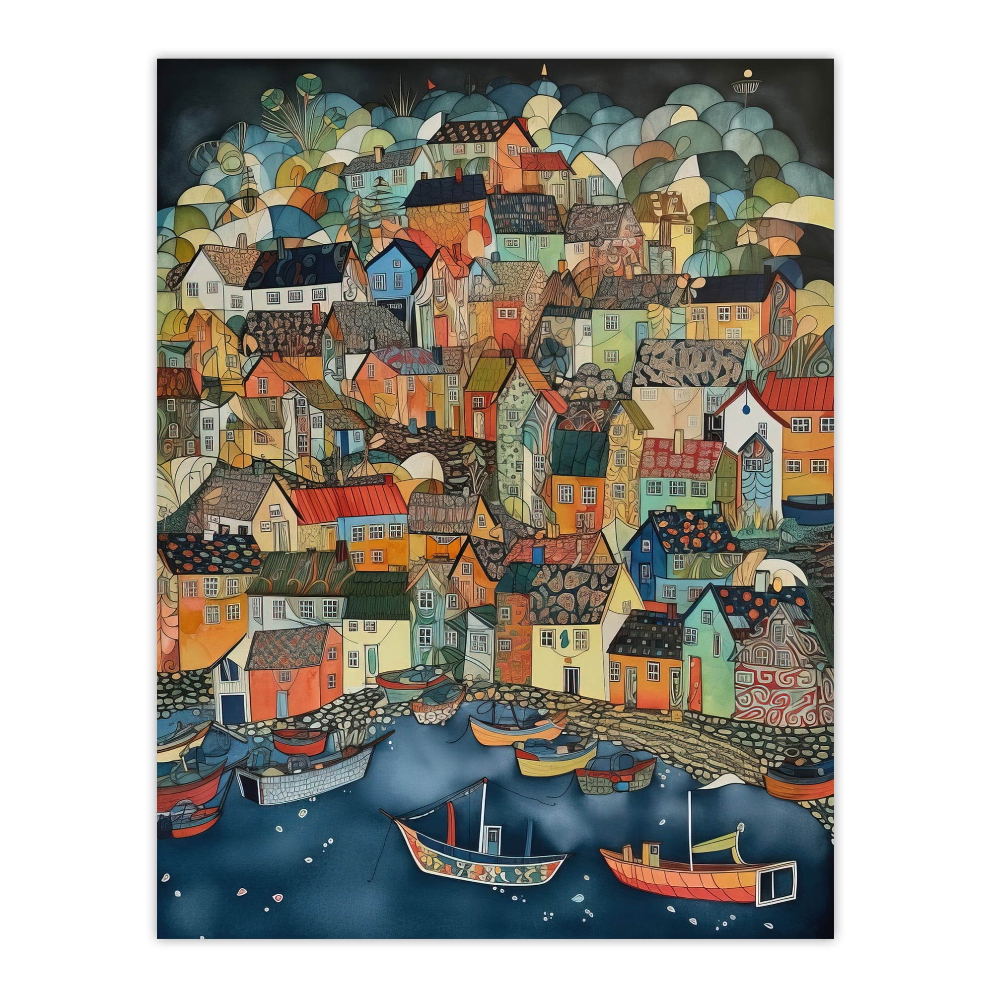 Seaside Town Port Folk Art Watercolour Painting Colourful Coastal Townscape Extra Large XL Wall ...