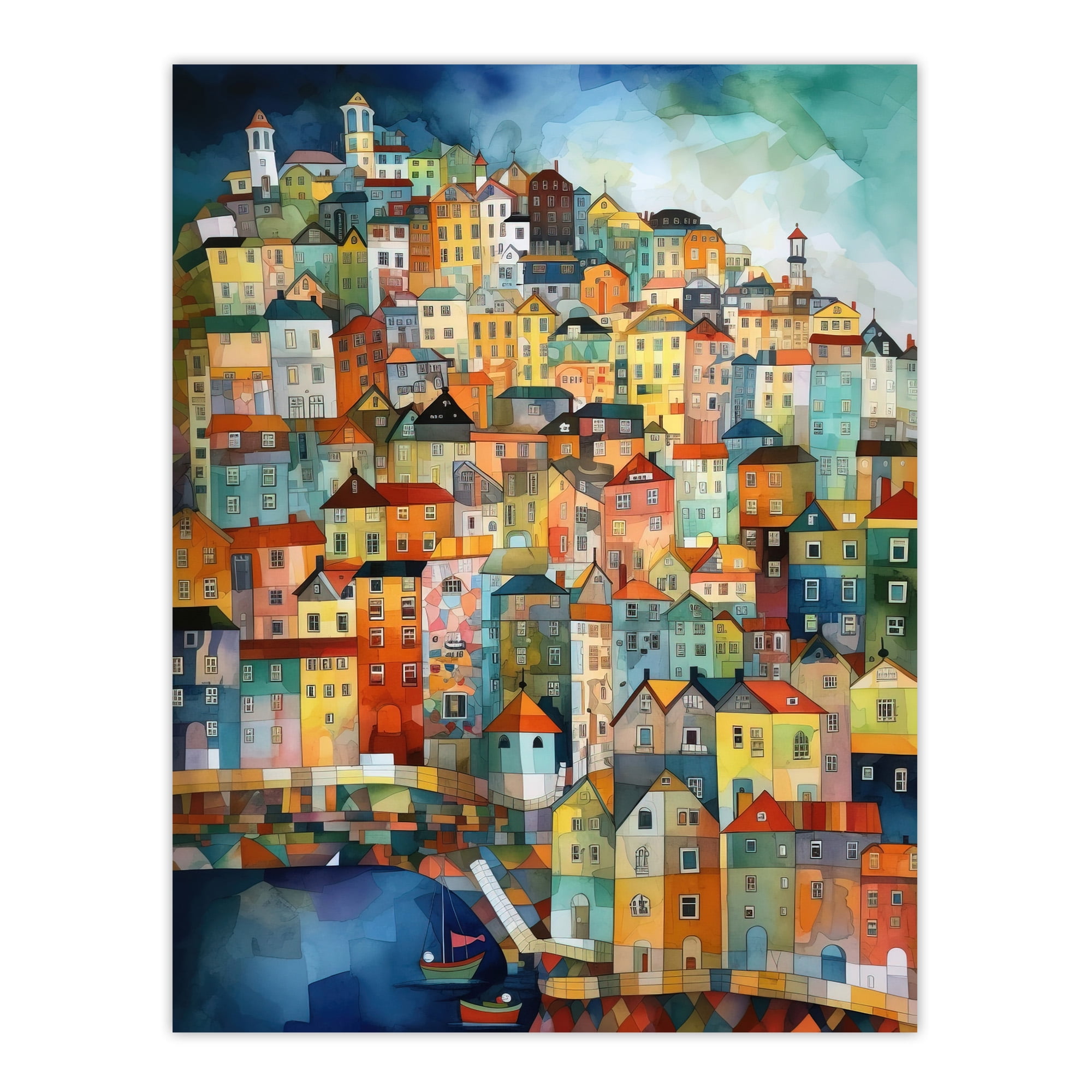 Seaside Village Folk Art Watercolour Painting Colourful Coastal Townscape Extra Large XL Wall ...