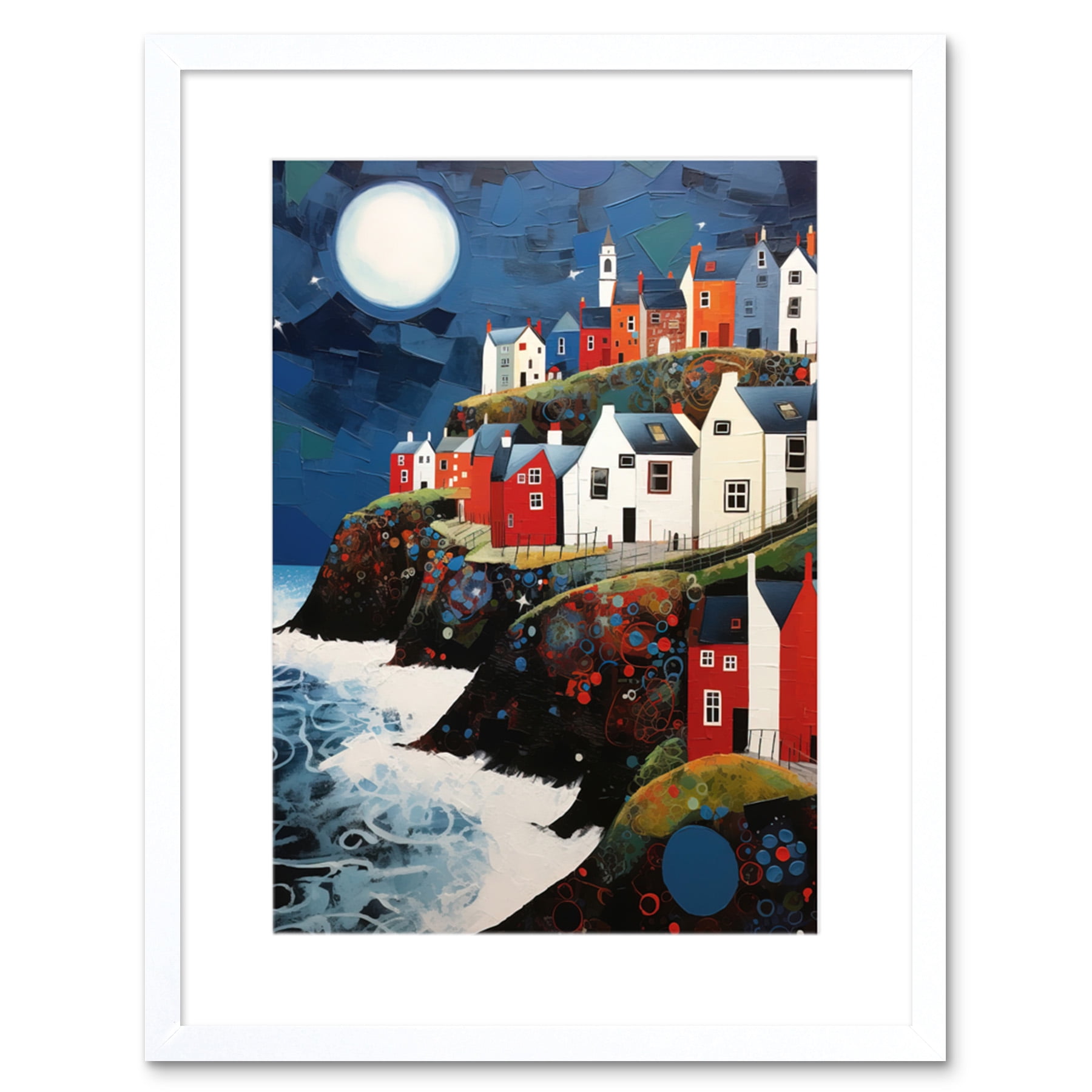 Seaside Village Houses on Cliff Folk Art Oil Painting Bathroom Artwork ...