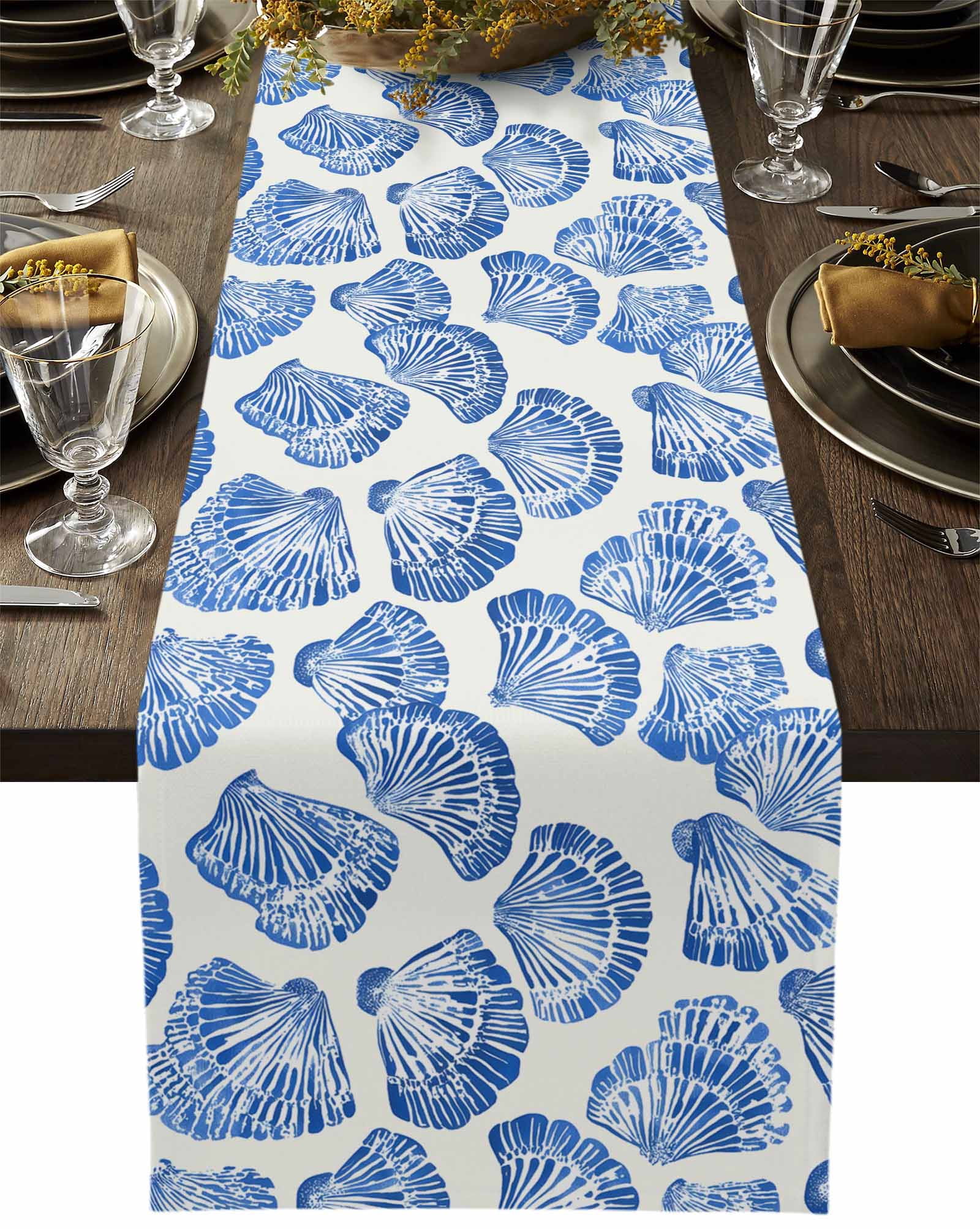 Seaside Watercolor Blue Shell Table Runners 13x36 Inches Long Linen ...